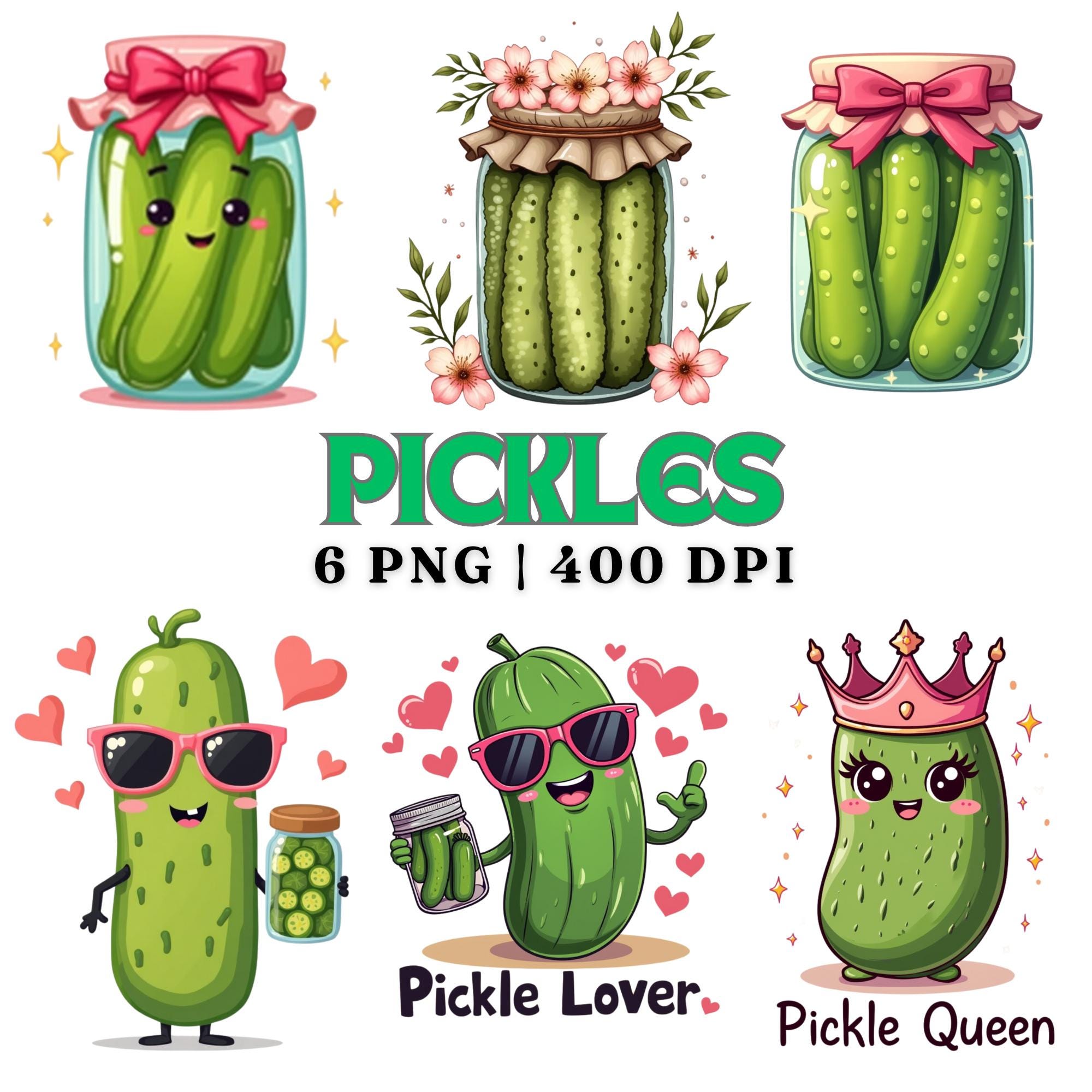 Pickles Clipart Bundle, 6 PNG Cute Pickle Illustrations, 400 DPI, Funny Pickle Lover, Kawaii ...