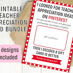 Printable Teacher Appreciation Cards With Gift Card Holder, Teacher ...