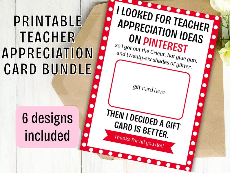 Printable Teacher Appreciation Cards With Gift Card Holder, Teacher ...