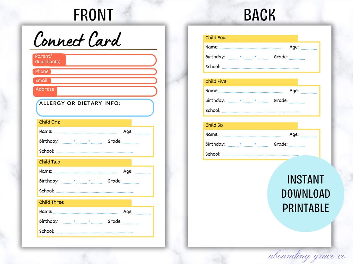 Printable Kids Ministry Connect Card for Churches, Connect Card for ...