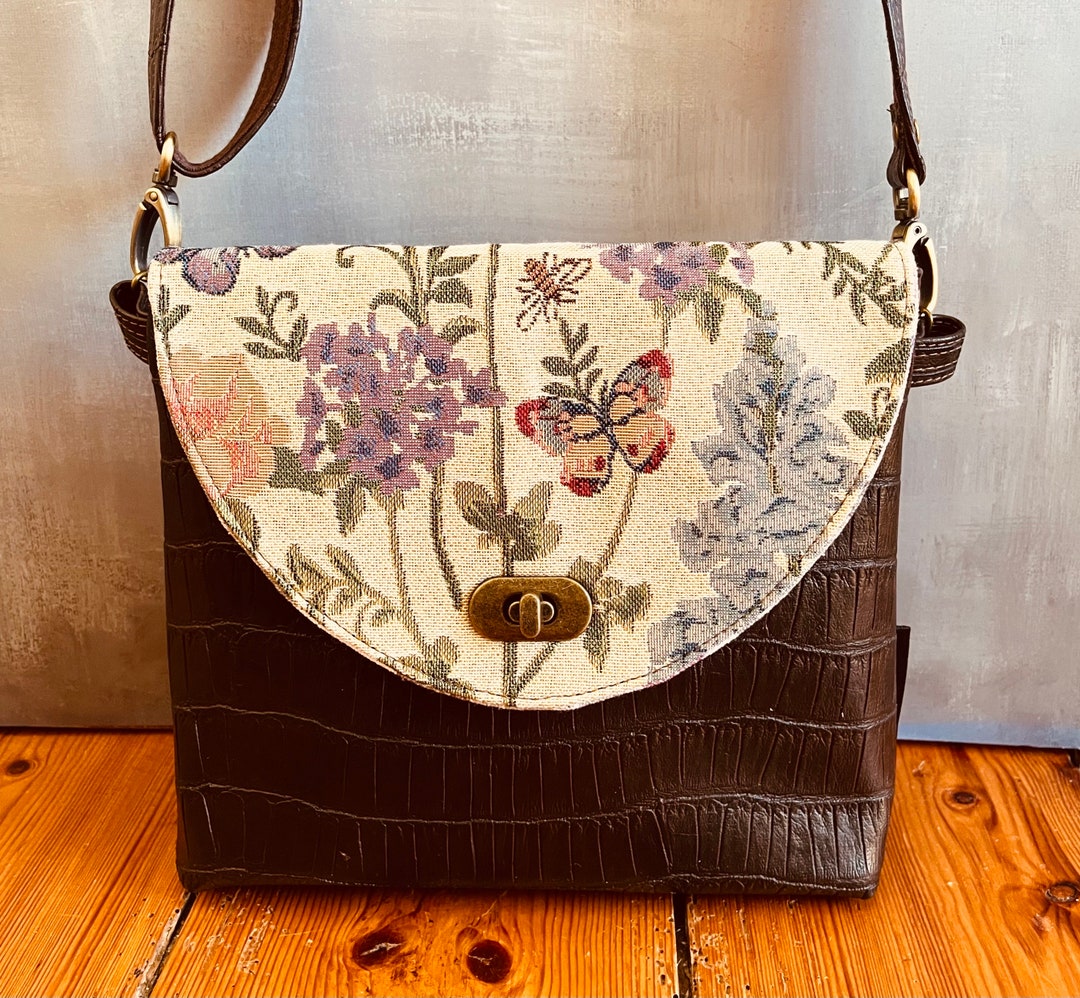 Vintage Inspired Tapestry Floral Insect Vegan Bag Crocodile Faux ...