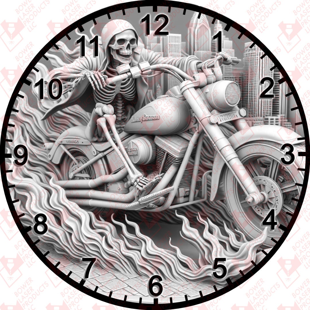 3d Illusion Clock Laser File Skeleton on a Motorcycle With Flames in ...