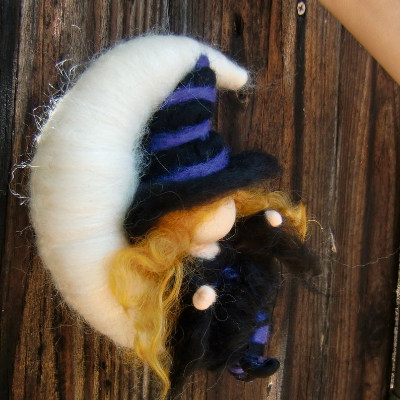 Felt Witch on the Crescent Moon autumn Witch Needle Felted - Etsy