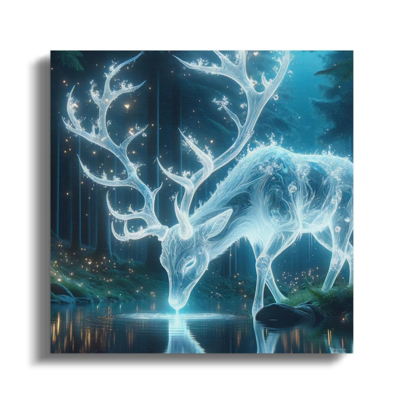 Enchanted Deer in Mystical Forest Wall Art, Glowing Stag Drinking at ...