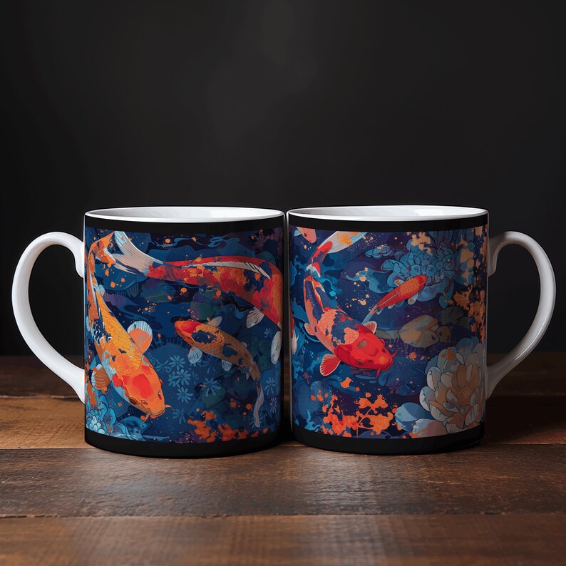 Koi Fish in a Koi Pond Mug, Blue and Orange Ceramic 11oz, Nature Art ...