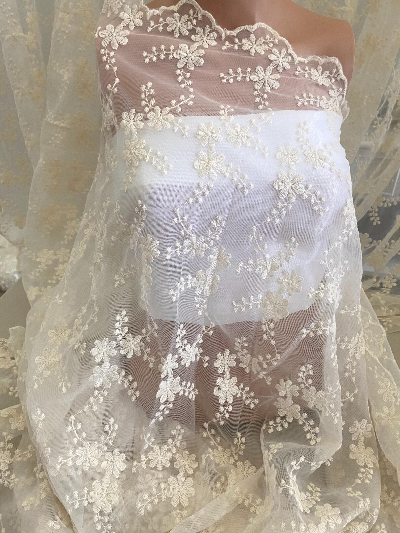 White Cotton Embroidery Sheer With off White Flower, Swiss Voile Lace ...