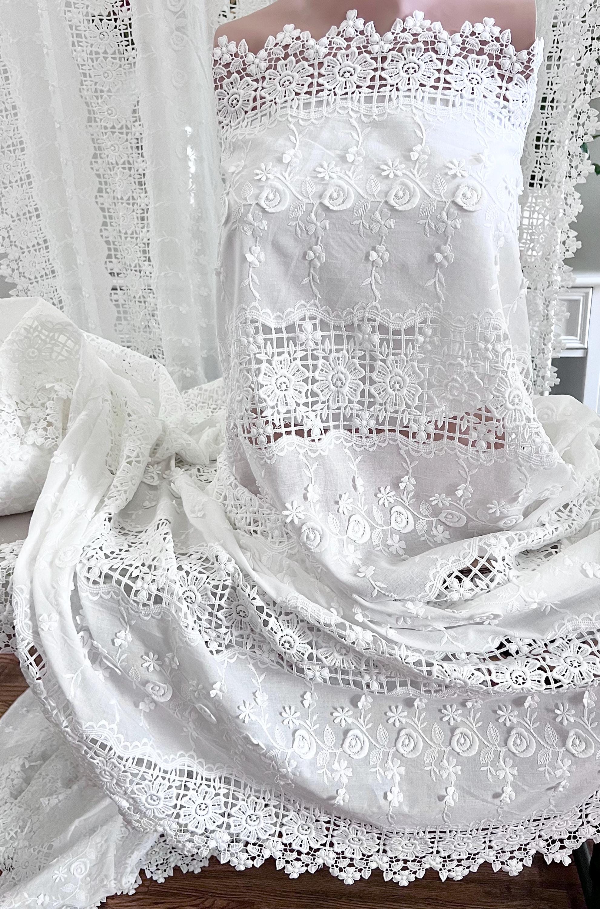 White Flower Border Lace Fabric Cotton Curtain Lace Fabric 100% Cotton ...