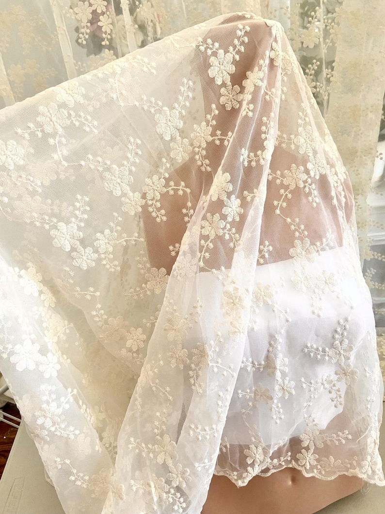 White Cotton Embroidery Sheer With off White Flower, Swiss Voile Lace ...