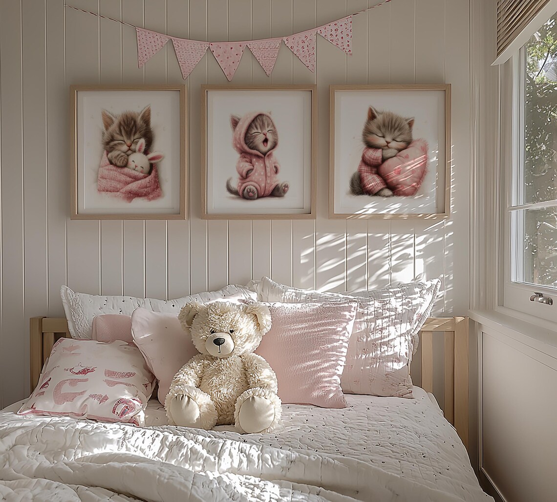 Sleepy Cat Prints, Set of 3 Cat Prints, Cute Cat Nursery Wall Art ...