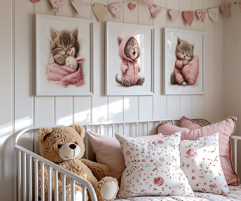 Sleepy Cat Prints, Set of 3 Cat Prints, Cute Cat Nursery Wall Art ...