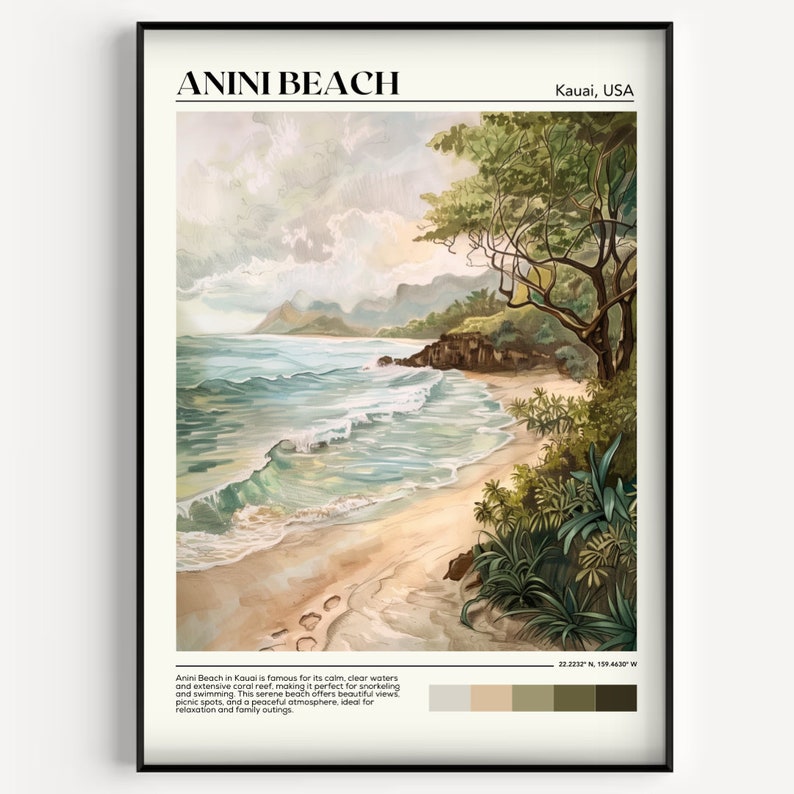 Hawaii Anini Beach Coastal Travel Poster, Kauai Hawaii Wall Art, Hawaii ...