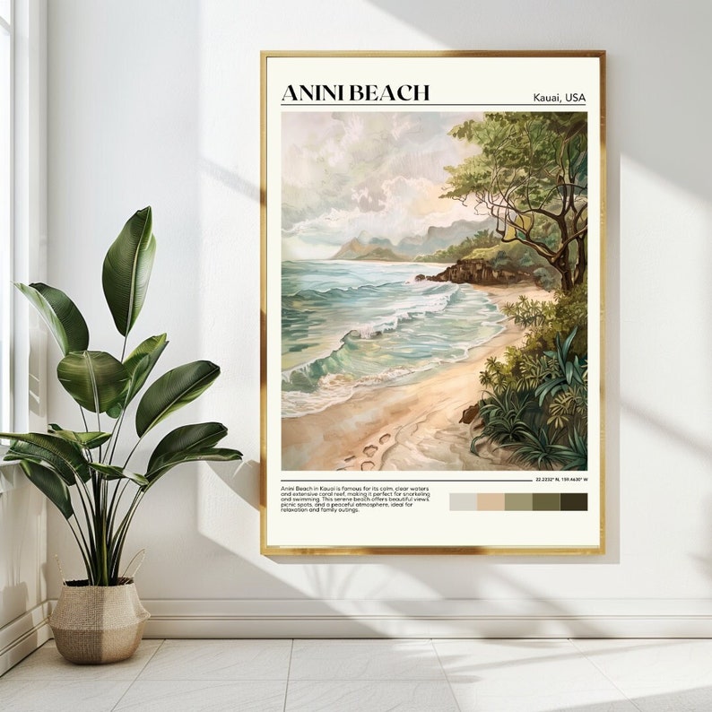 Hawaii Anini Beach Coastal Travel Poster, Kauai Hawaii Wall Art, Hawaii ...