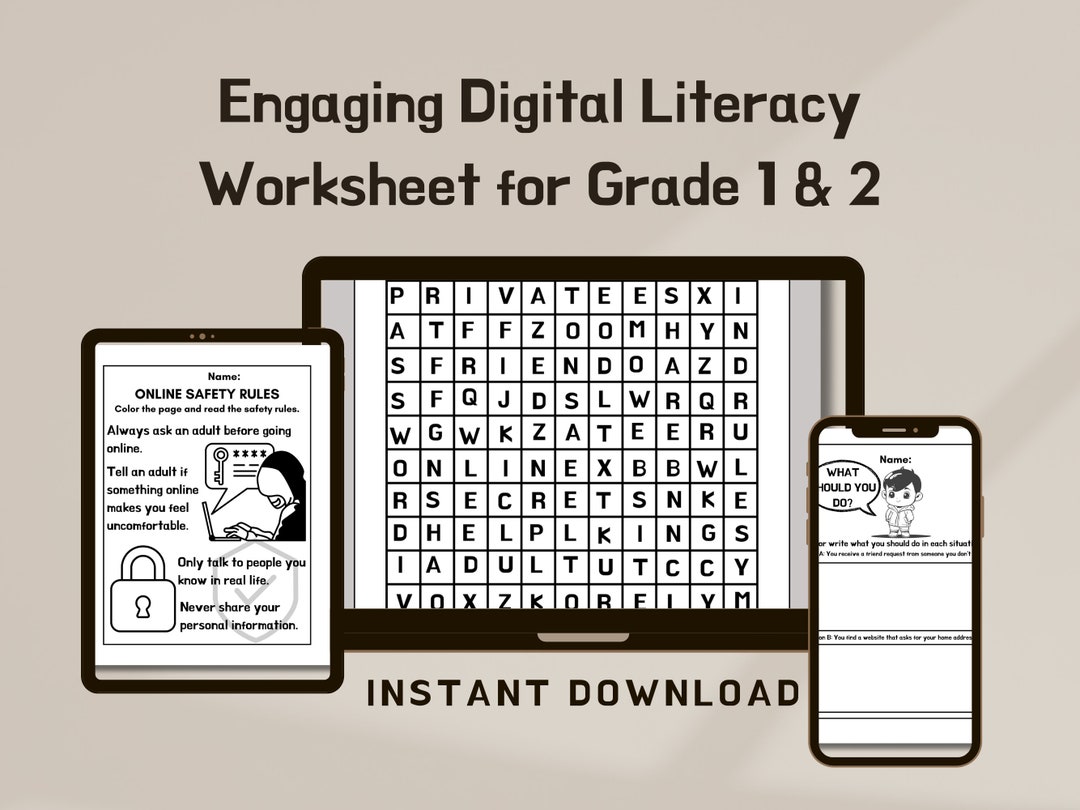 Digital Literacy Worksheets for Grade 1 & 2: Online Safety, Word Puzzle ...