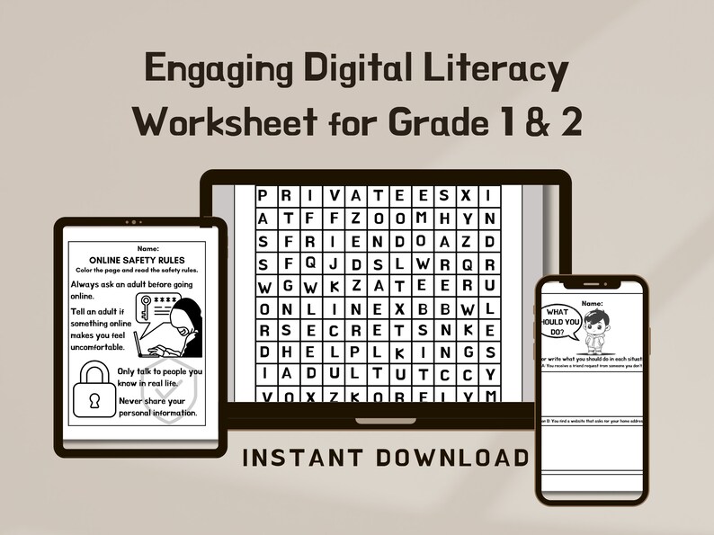 Digital Literacy Worksheets for Grade 1 & 2: Online Safety, Word Puzzle, and Reading Activities ...