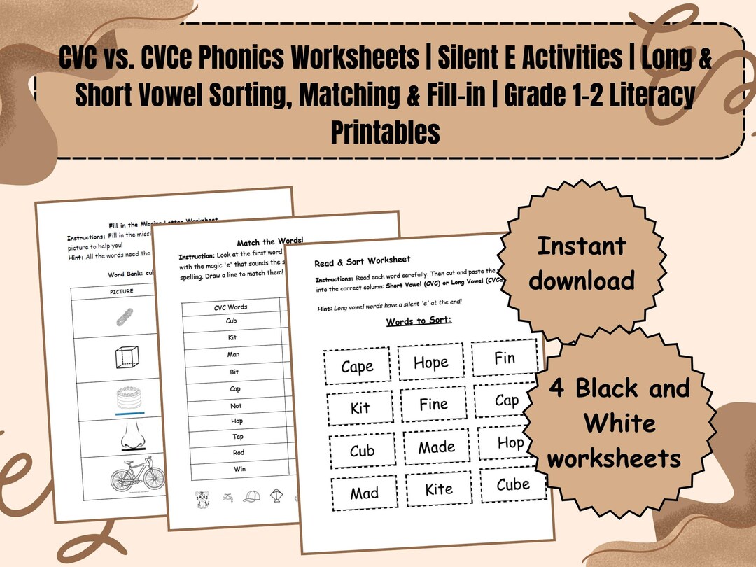 Phonics Worksheets CVC and Cvce Magic E Activities for Grade 1 and 2 - Etsy