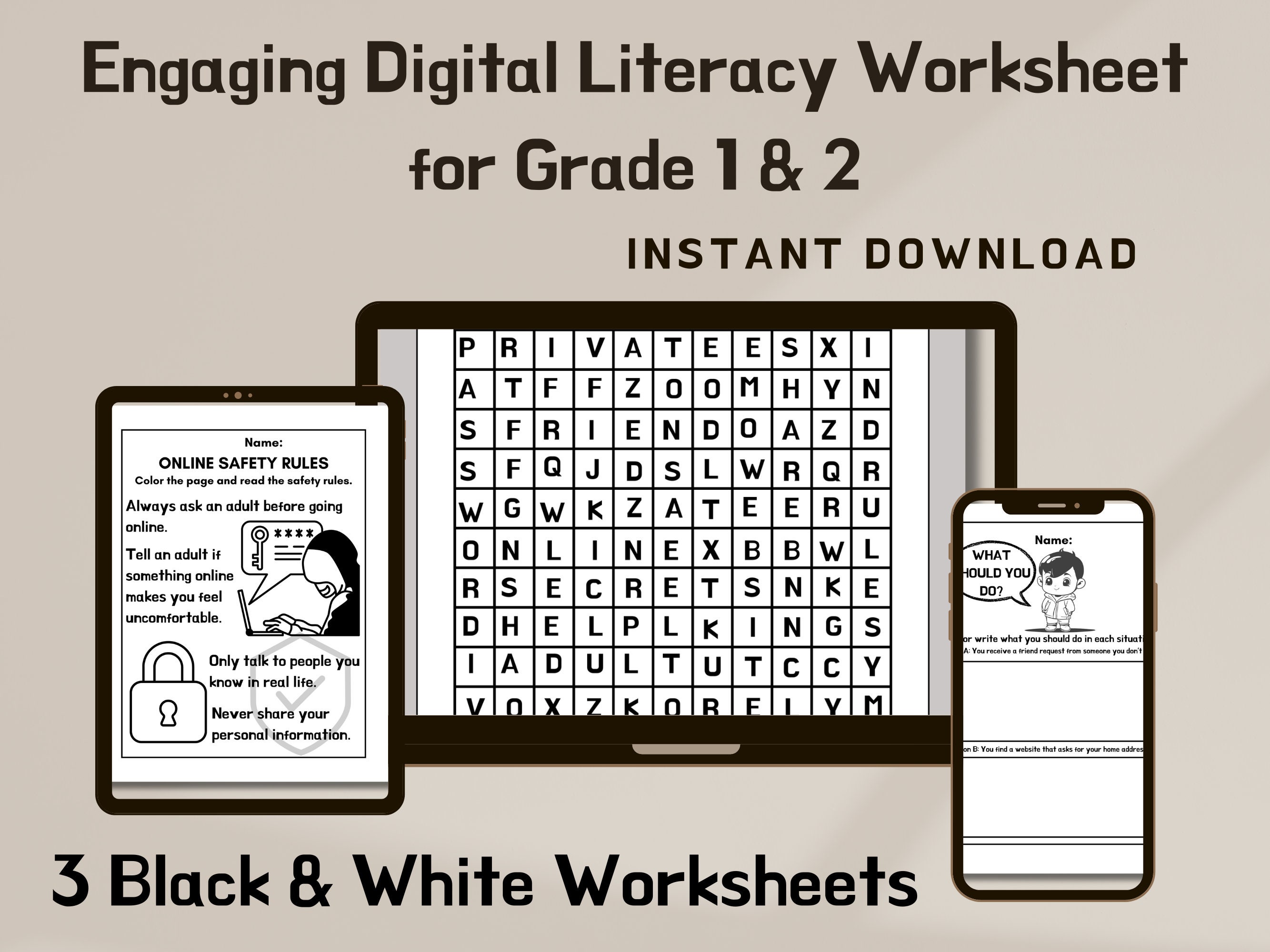 Digital Literacy Worksheets for Grade 1 & 2: Online Safety, Word Puzzle ...