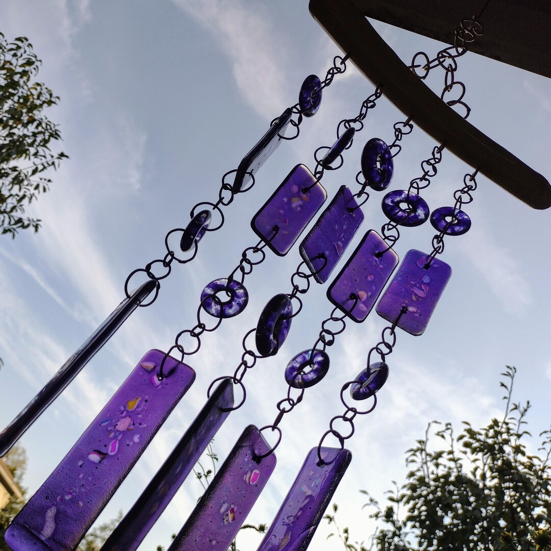 Violet Purple Iridescent and Dichroic Textured Glass Windchime Made With Copper Wire and Cedar ...