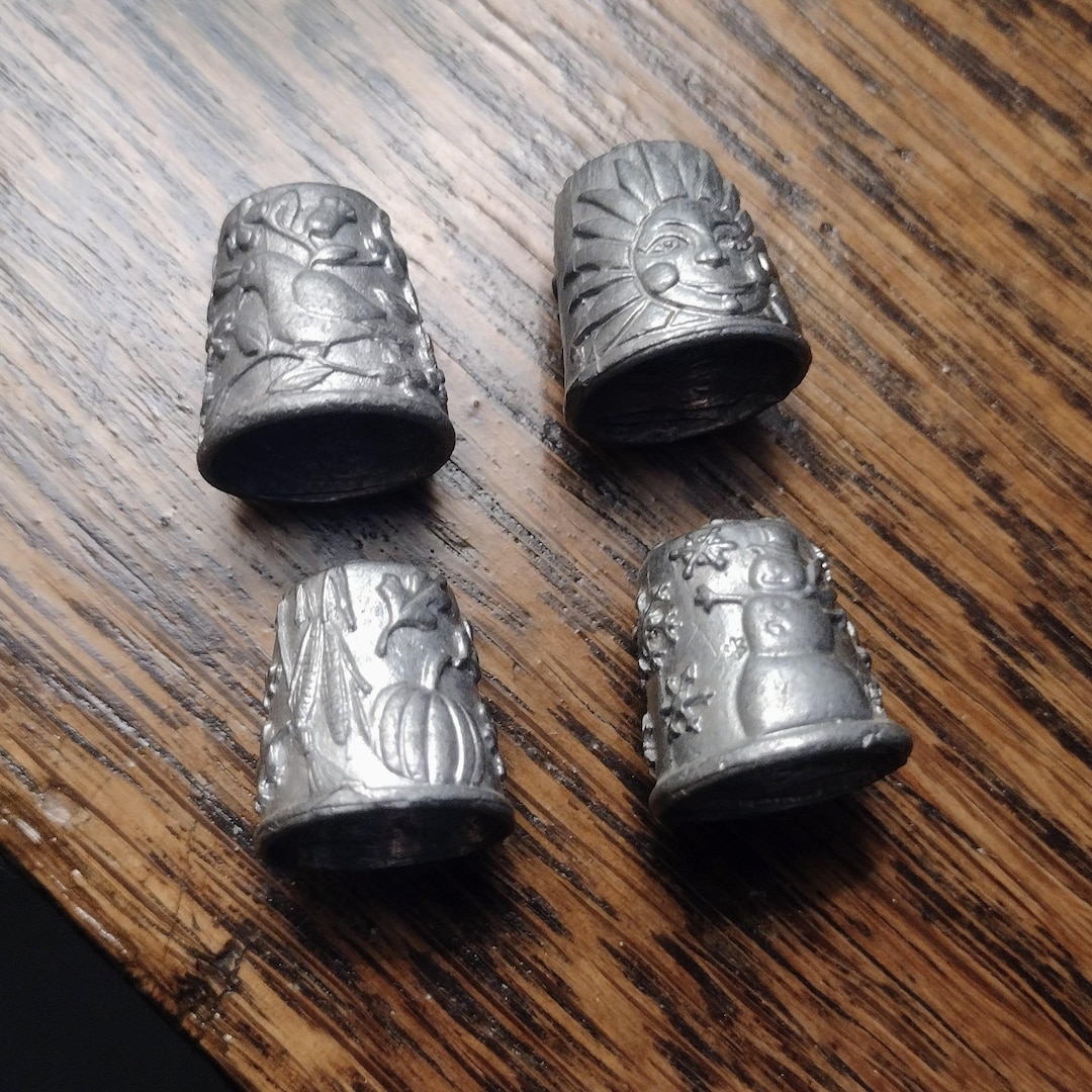 Vintage Pewter Thimbles Four Seasons Flowers Leaves Birds Sun Harvest ...