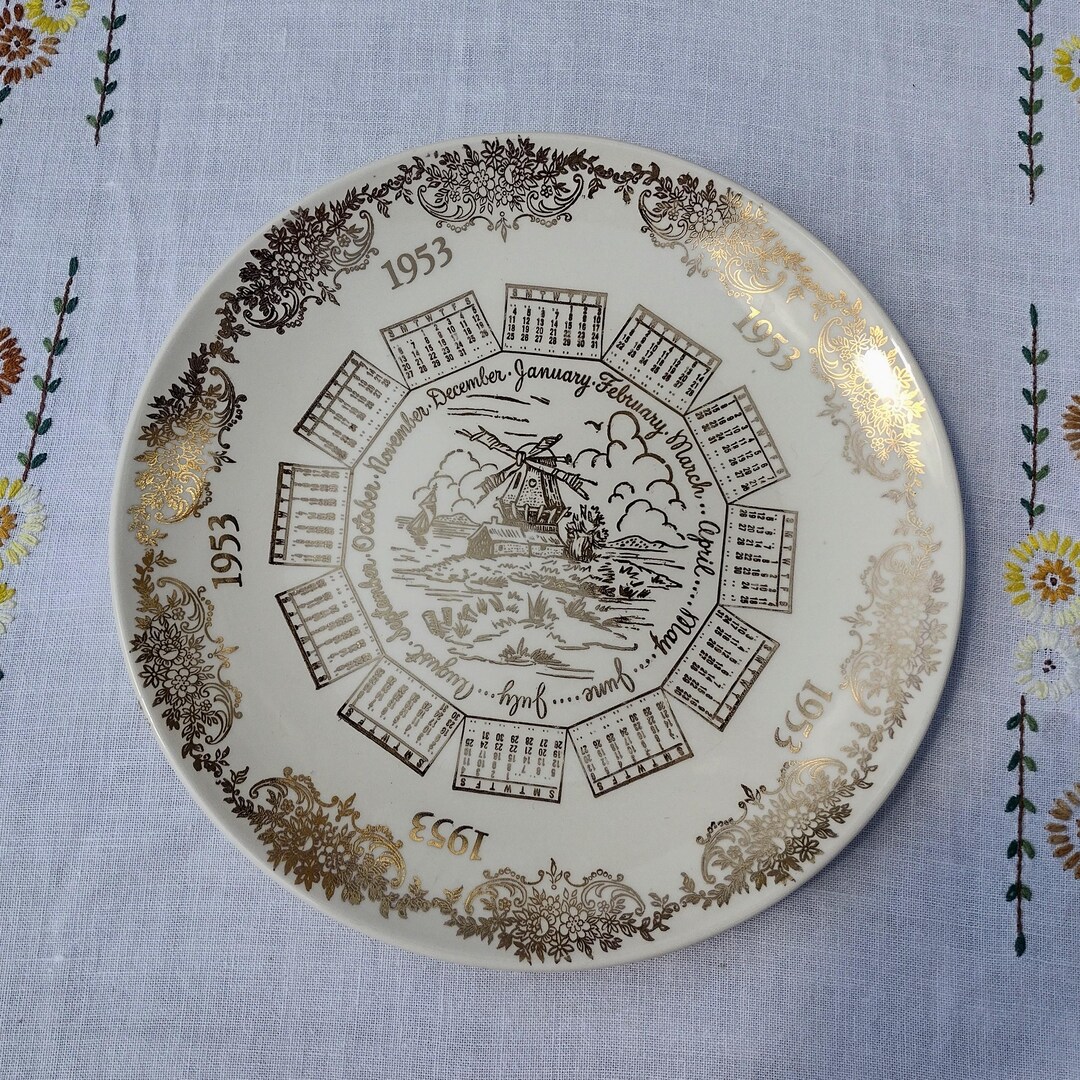 Vintage 1953 Calendar Plate Gold on White With Windmill - Etsy