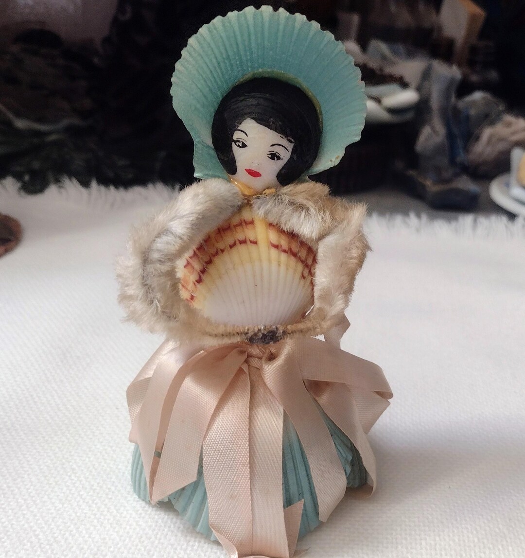 Vintage Aqua Blue Shell Lady Seashell Doll Figurine Hand Painted ...