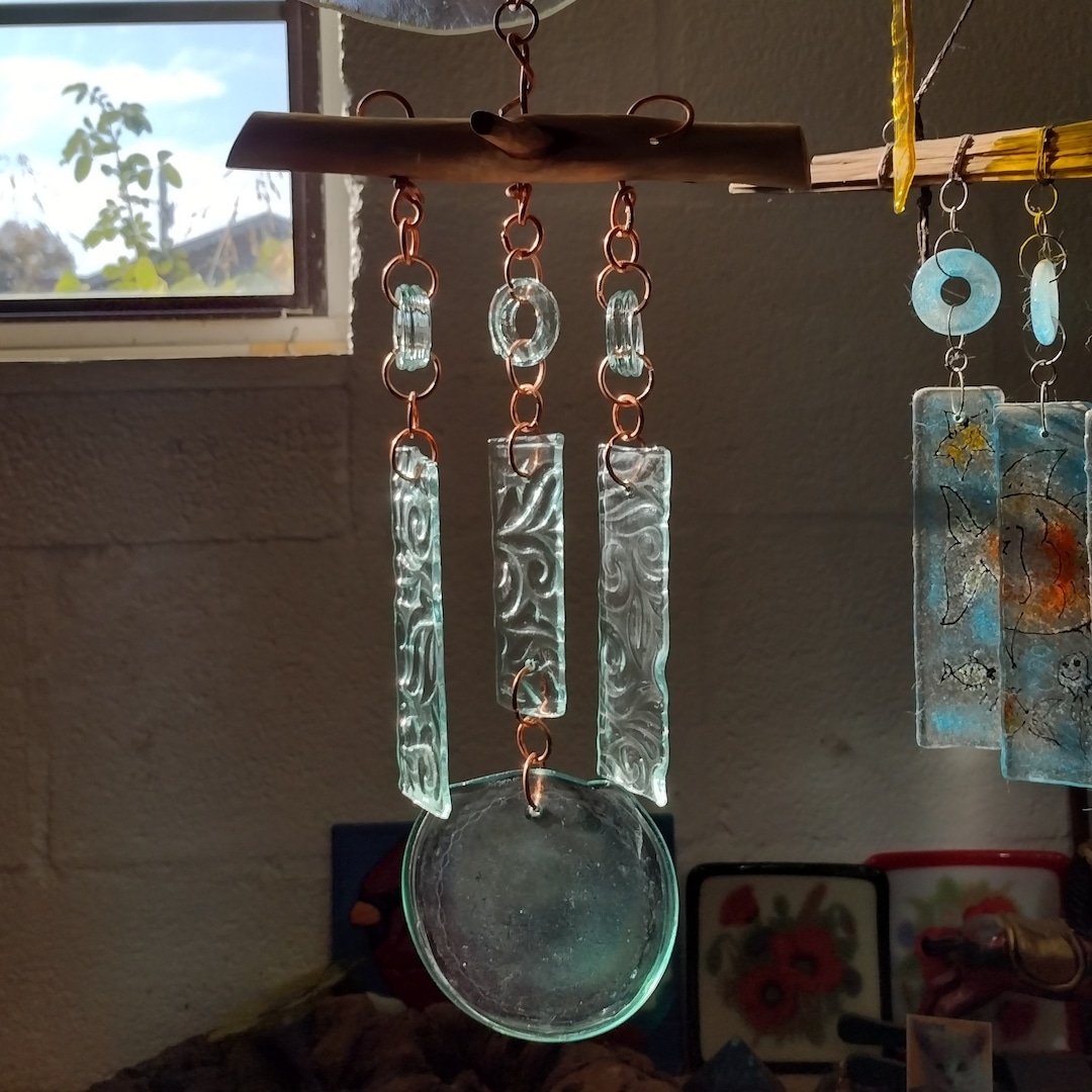Recycled Clear Glass Bottle Wind Chime Textured Strips Loops and Bottom ...