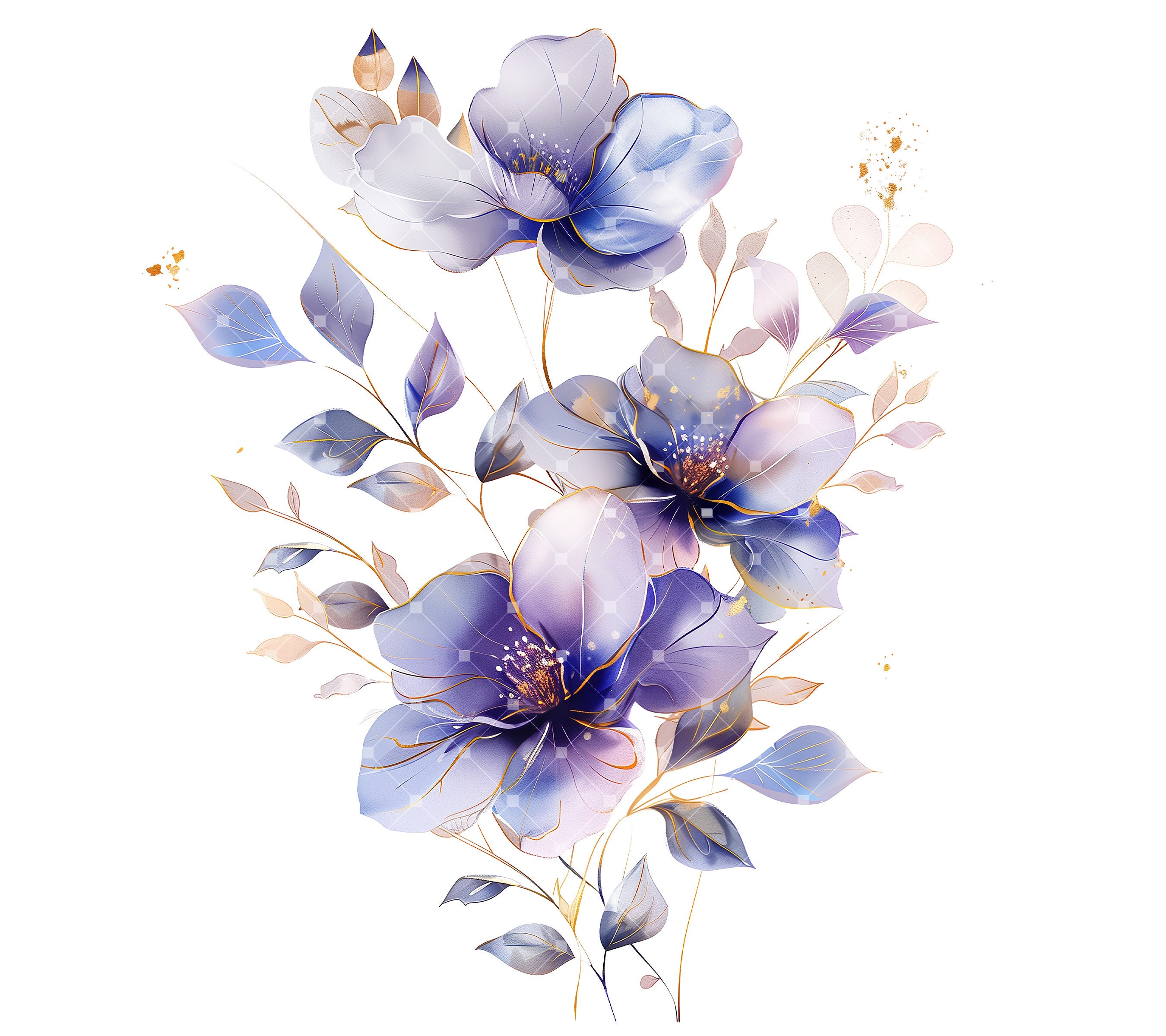 8 Purple and Gold Abstract Flowers Clipart, High Quality Transparent ...