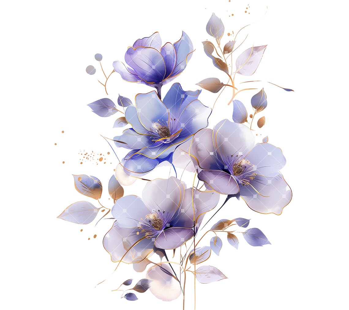 8 Purple and Gold Abstract Flowers Clipart, High Quality Transparent ...