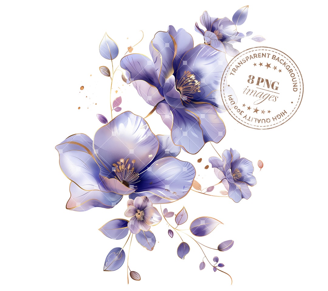 8 Purple and Gold Abstract Flowers Clipart, High Quality Transparent ...