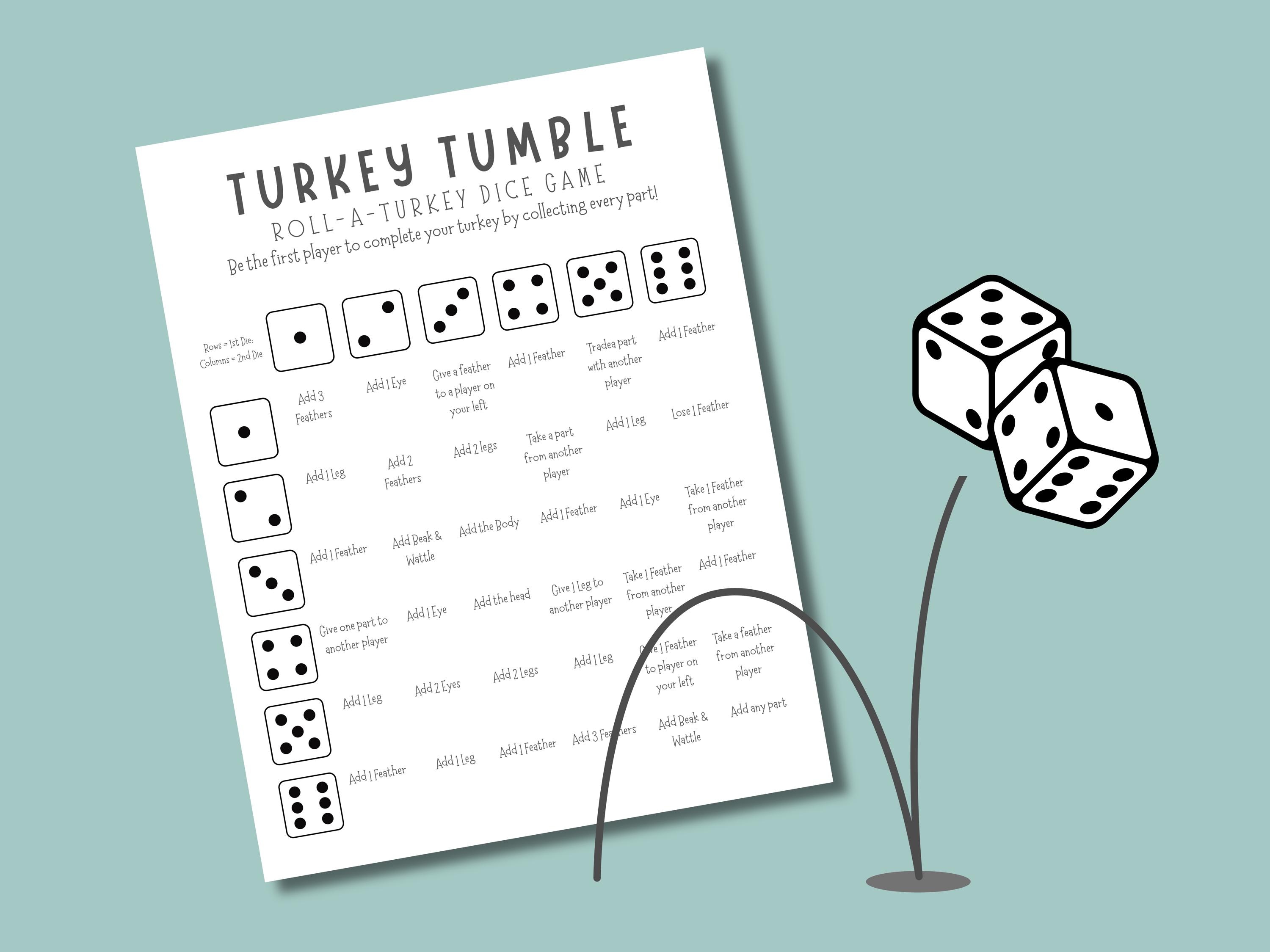 Roll-a-turkey Dice Game Printable, Thanksgiving Dice Game for Kids ...
