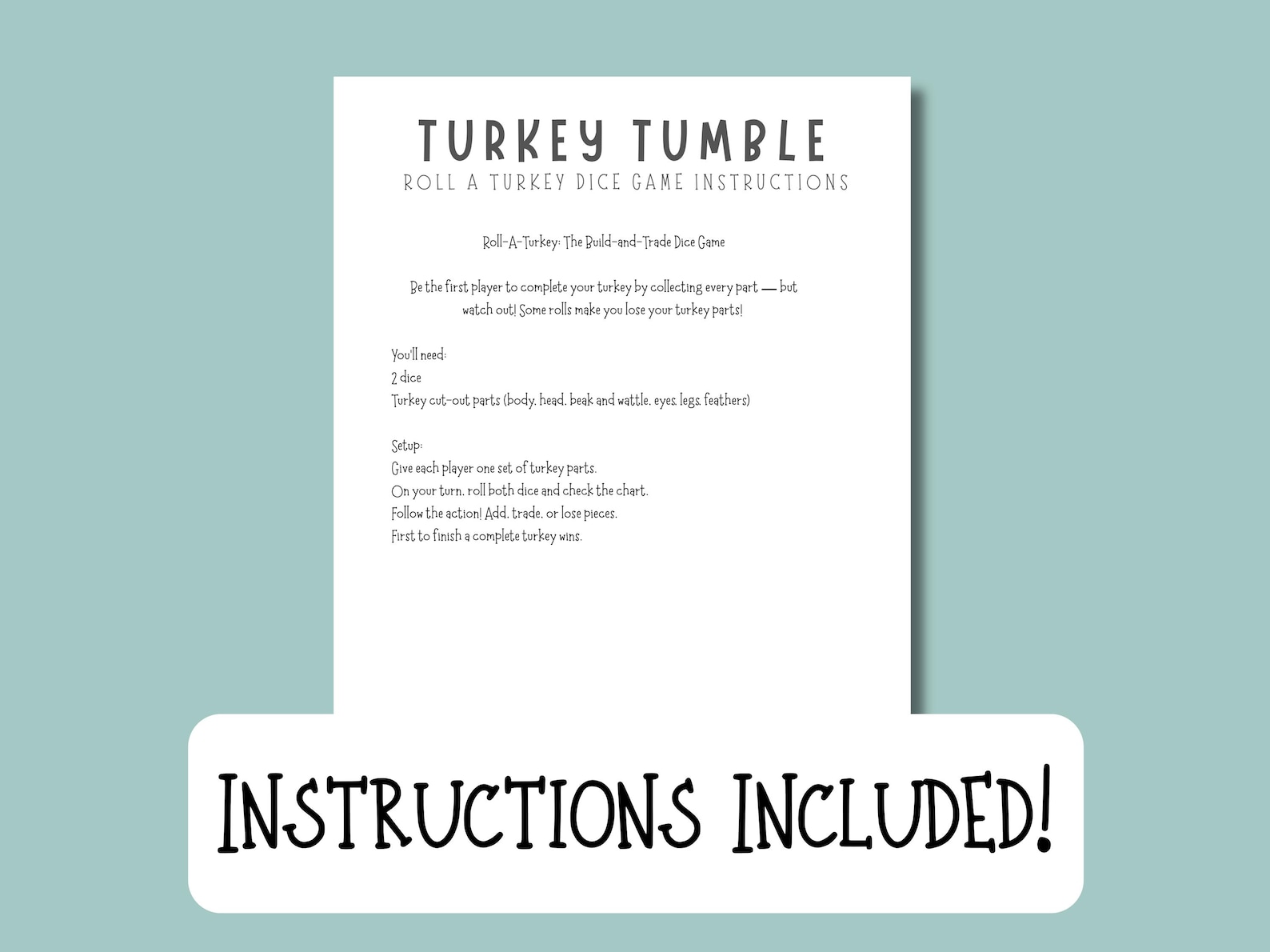 Roll-a-turkey Dice Game Printable, Thanksgiving Dice Game for Kids ...
