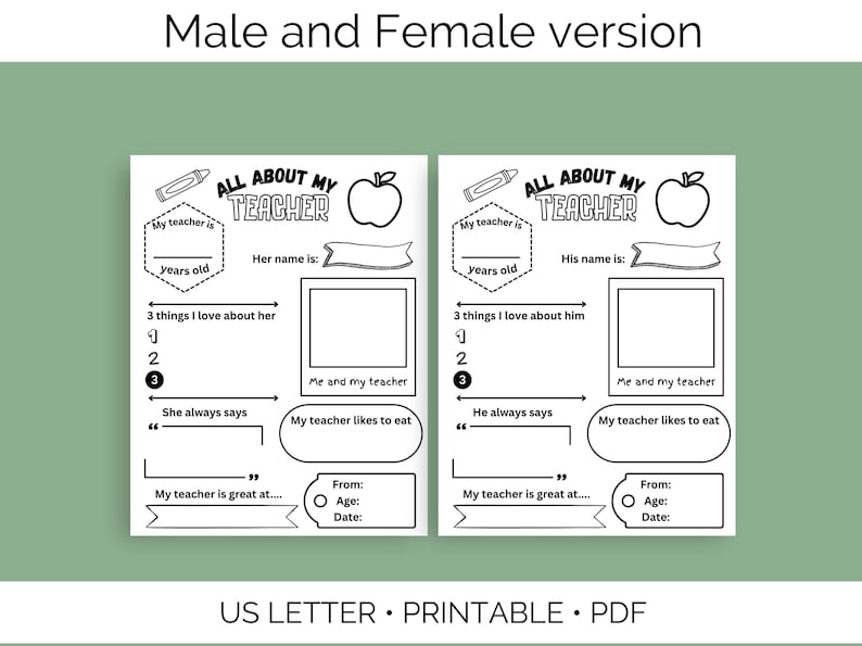 All About My Teacher Printable Questionnaire for Student, DIY Teacher ...