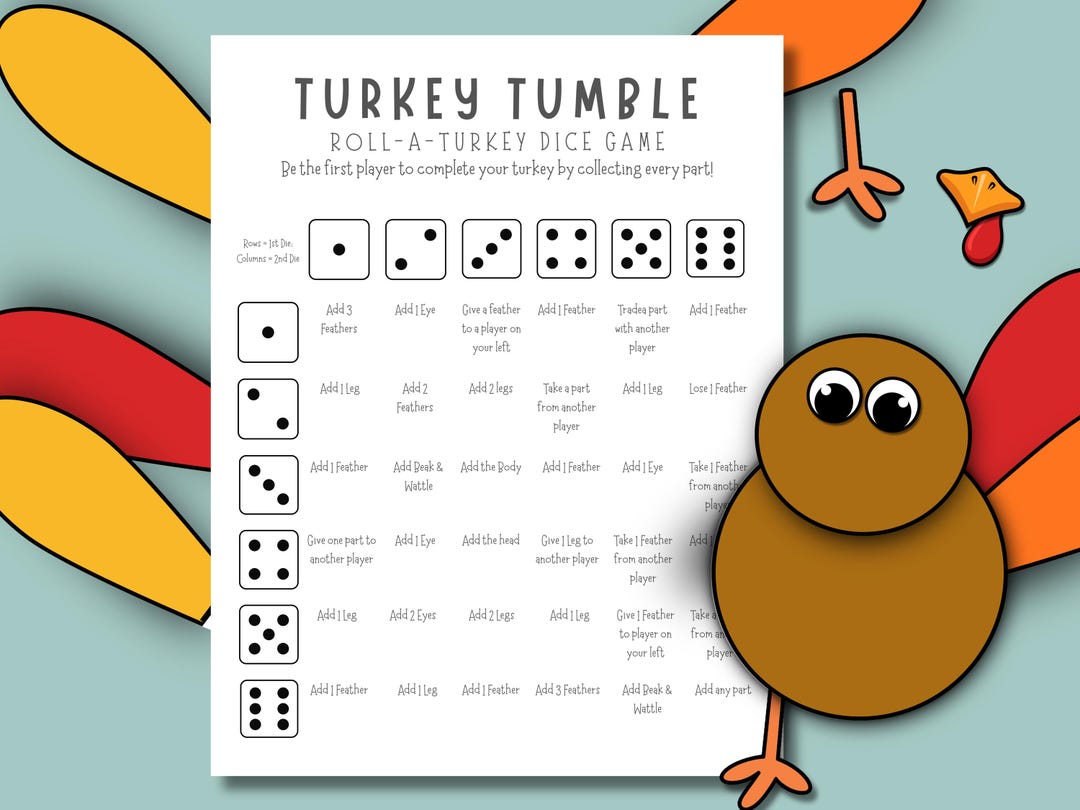 Roll-a-turkey Dice Game Printable, Thanksgiving Dice Game for Kids ...