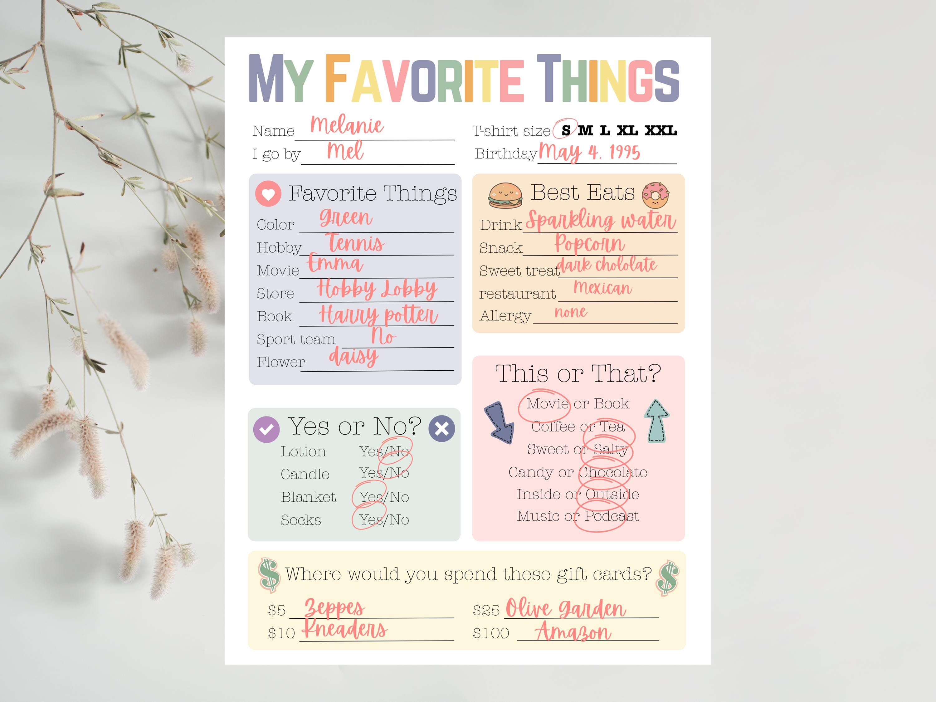 My Favorite Things List, All About Me Printable, Getting to Know Me ...