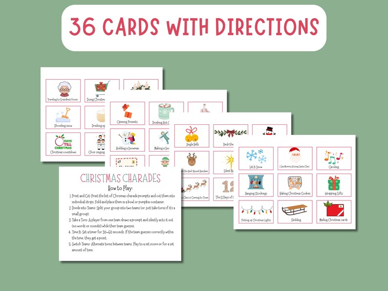Christmas Charades Printable Game – 36 Holiday Charade Cards (color ...