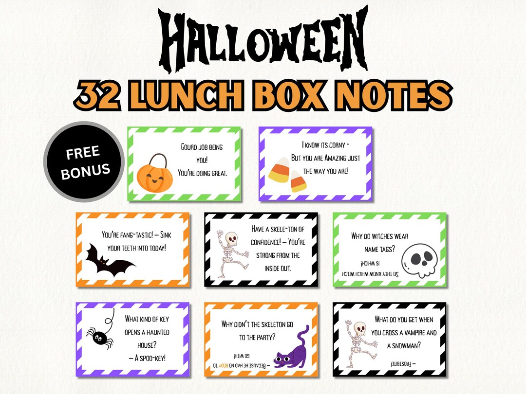 Halloween Lunch Box Notes for Kids, 32 Printable Lunch Cards With Jokes ...