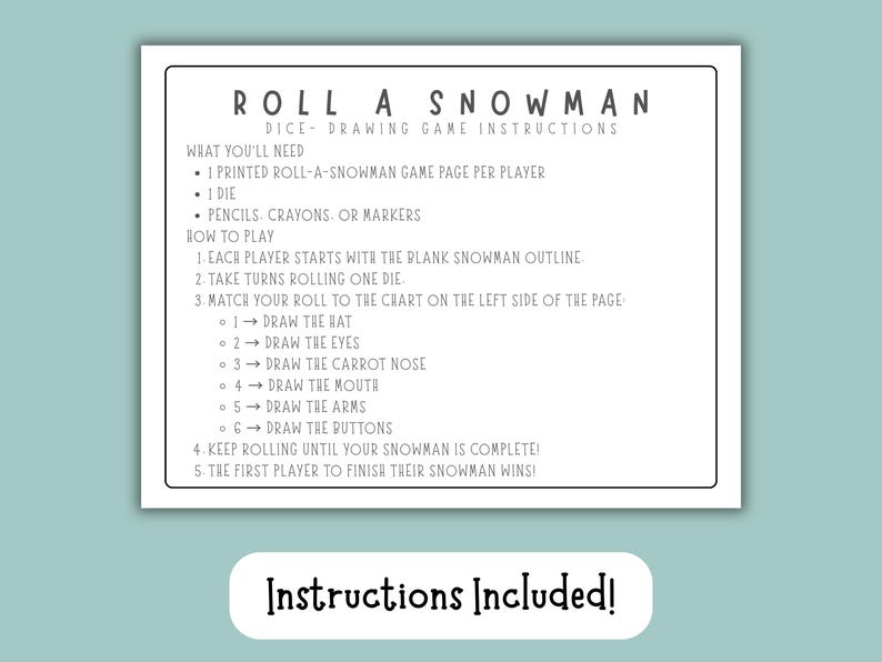 Roll a Snowman Game Printable, Christmas Dice Drawing Game for Kids ...