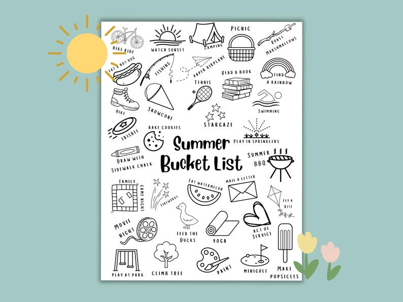 Summer Bucket List Coloring Page, Family Activity Chart, Kids Summer ...