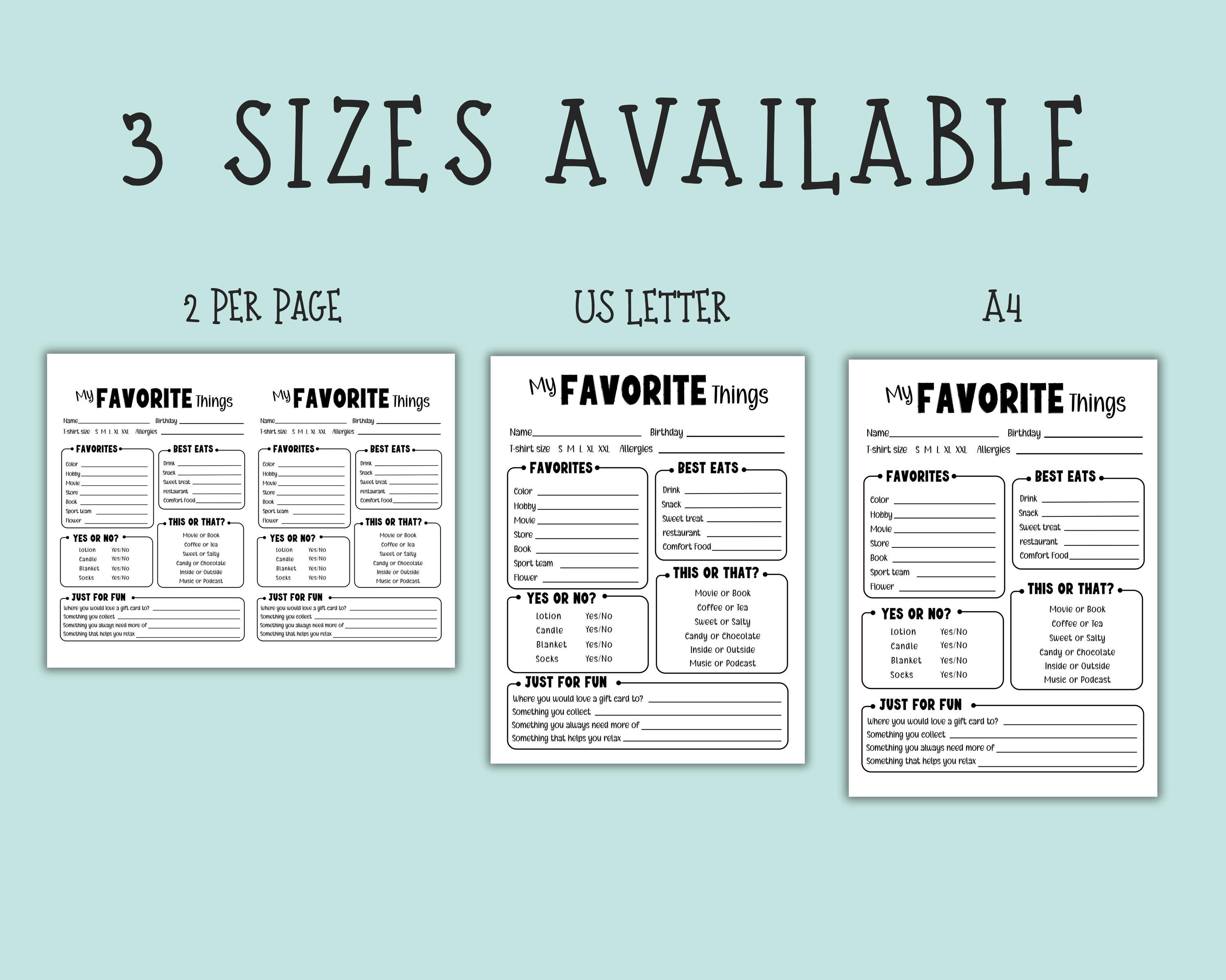 My Favorite Things List, All About Me Printable, Getting to Know Me ...