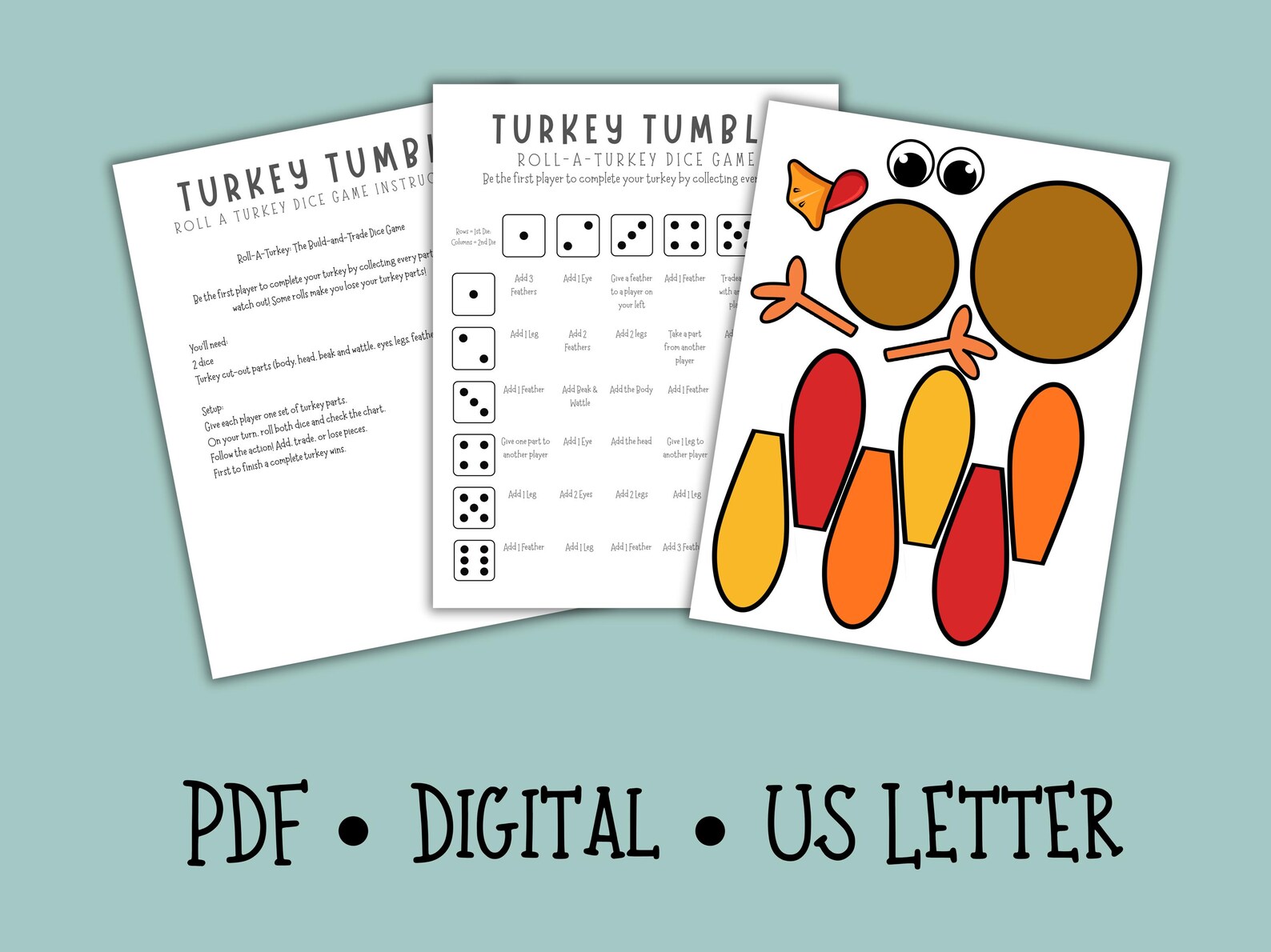 Roll-a-turkey Dice Game Printable, Thanksgiving Dice Game for Kids ...