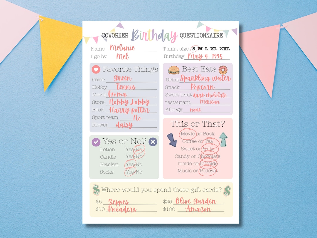 Work Birthday Questionnaire, Get to Know Your Staff Questionnaire ...