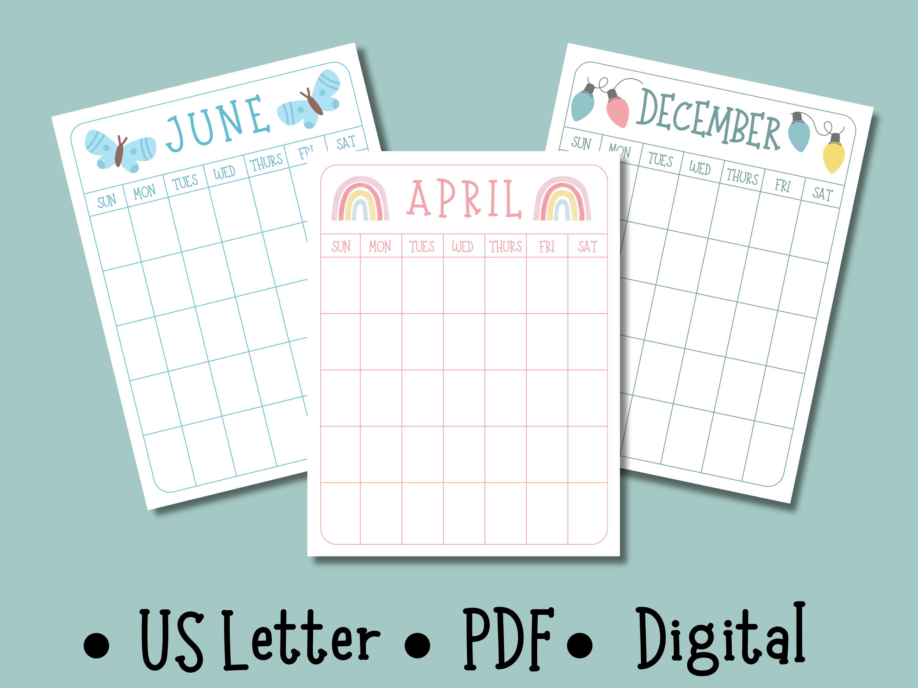 Full Year Calendar Printable, 12 Month Calendar, Wall Calendar, Desk ...