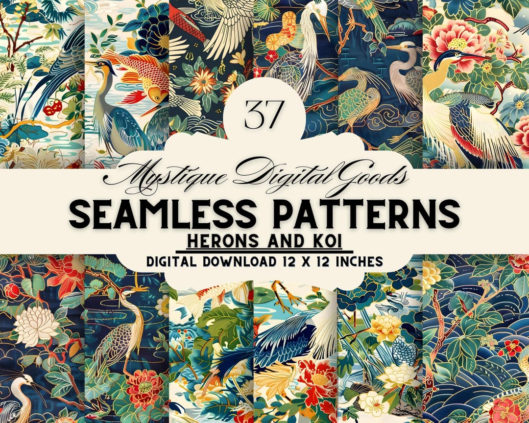 Herons and Koi, Vintage, Seamless Pattern, Digital Download, Oriental ...