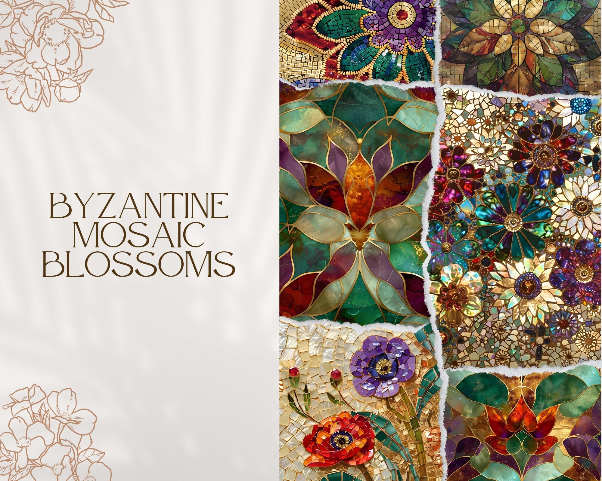 Digital Paper, Byzantine Blossom Mosaic, Scrapbook, Vintage, Floral ...