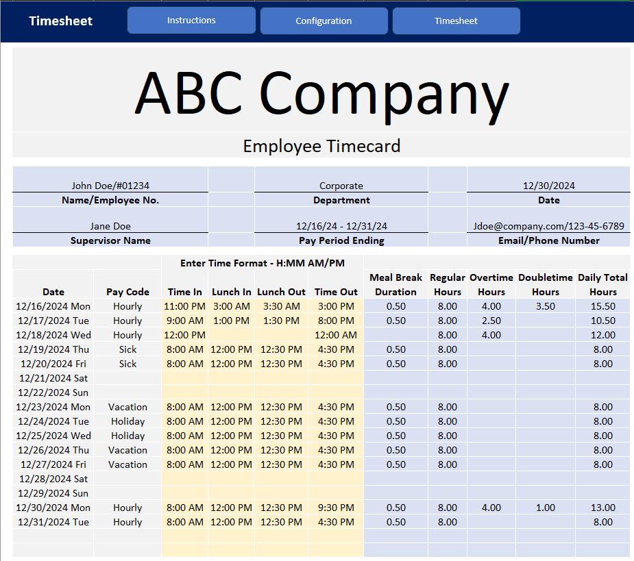 Excel Timesheet Template; Auto Calculate Overtime, Double Time ...