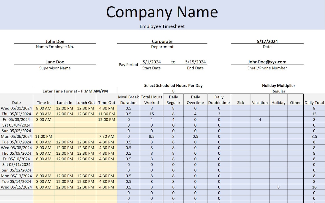 Excel Timesheet Template; Auto Calculate Overtime, Double Time, and ...