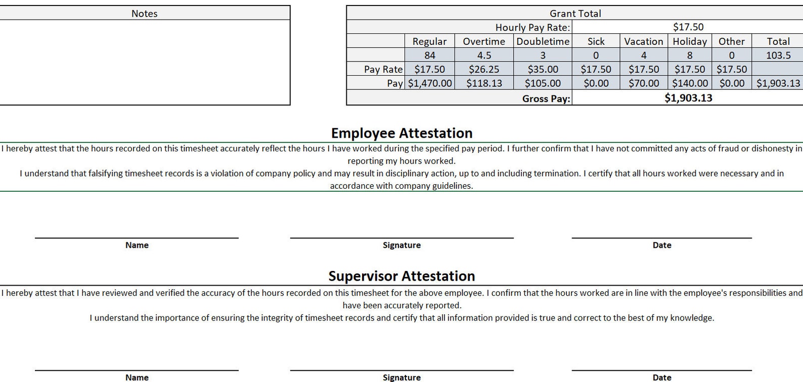 Excel Employee Timesheet Template: Auto Calculate Overtime (printable ...
