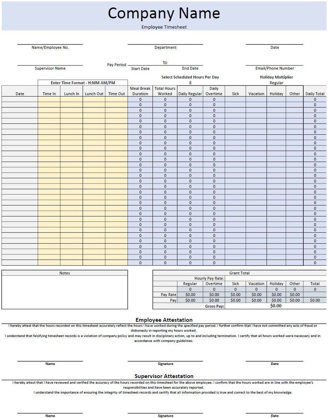 Excel Employee Timesheet Template: Auto Calculate Overtime (printable ...