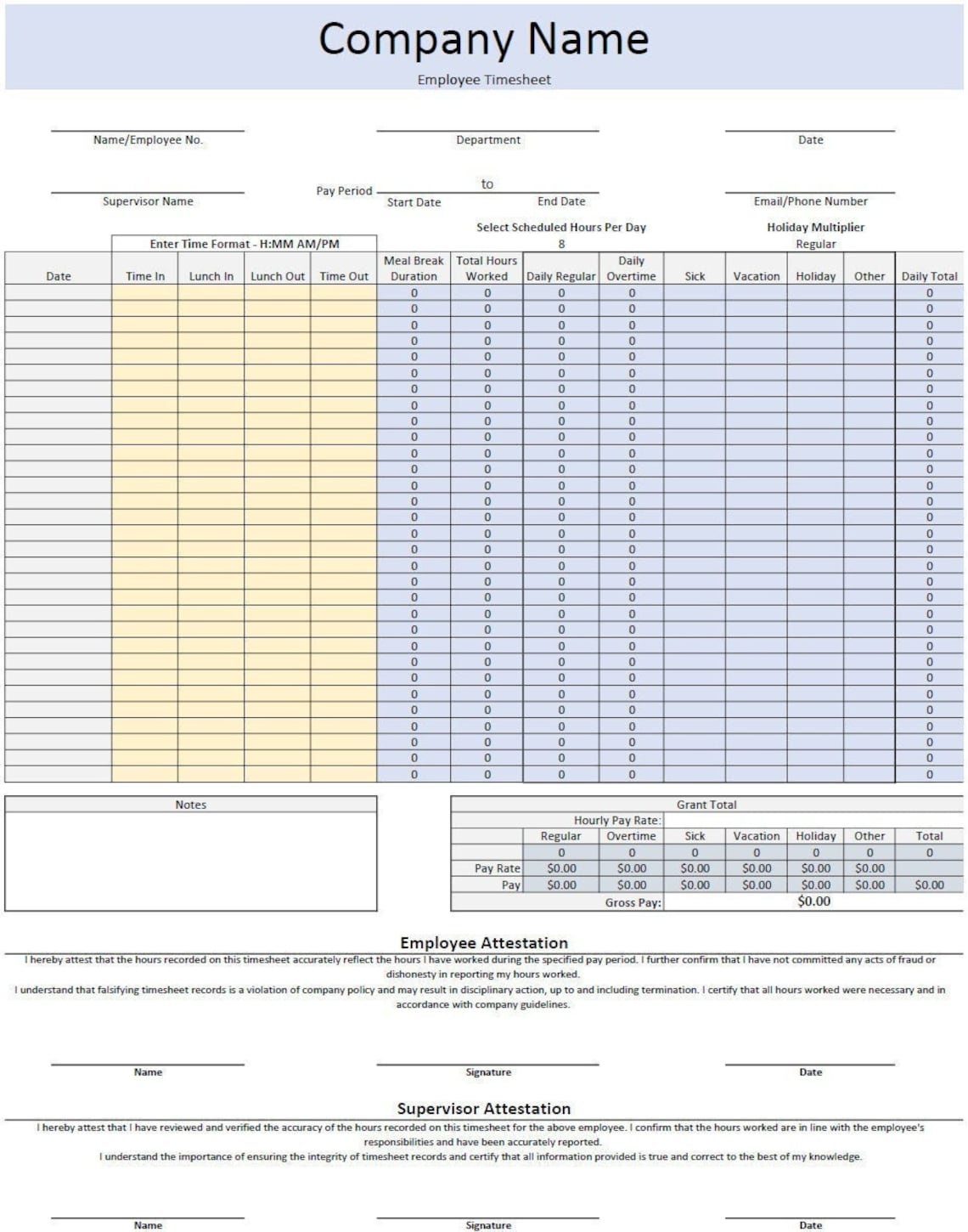 Excel Employee Timesheet Template: Auto Calculate Overtime (printable ...