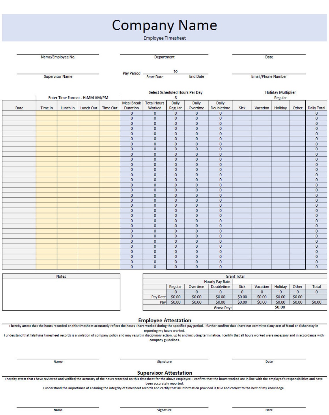 Excel Employee Timesheet Template: Auto Calculate Overtime (printable ...