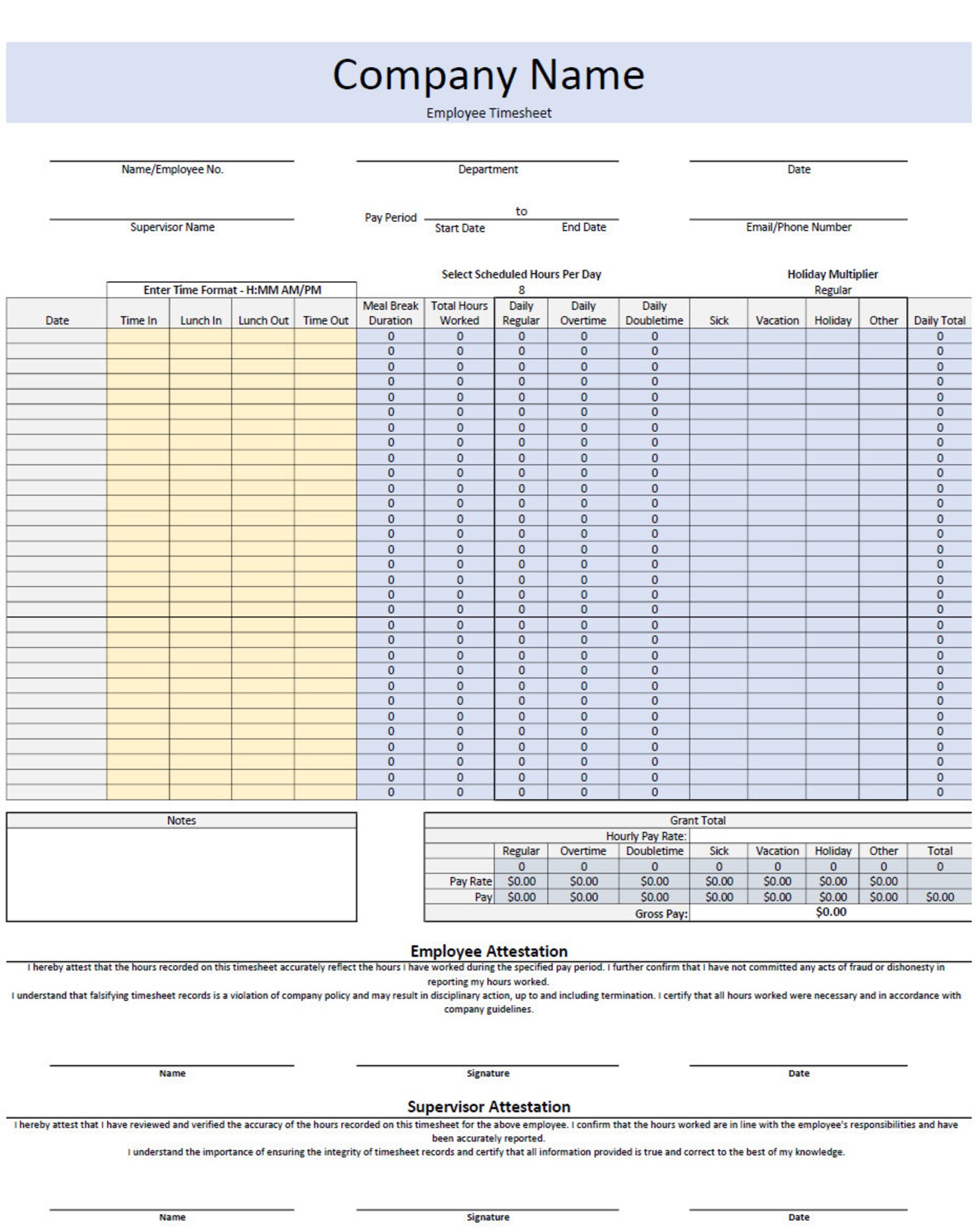 Excel Employee Timesheet Template: Auto Calculate Overtime (printable ...